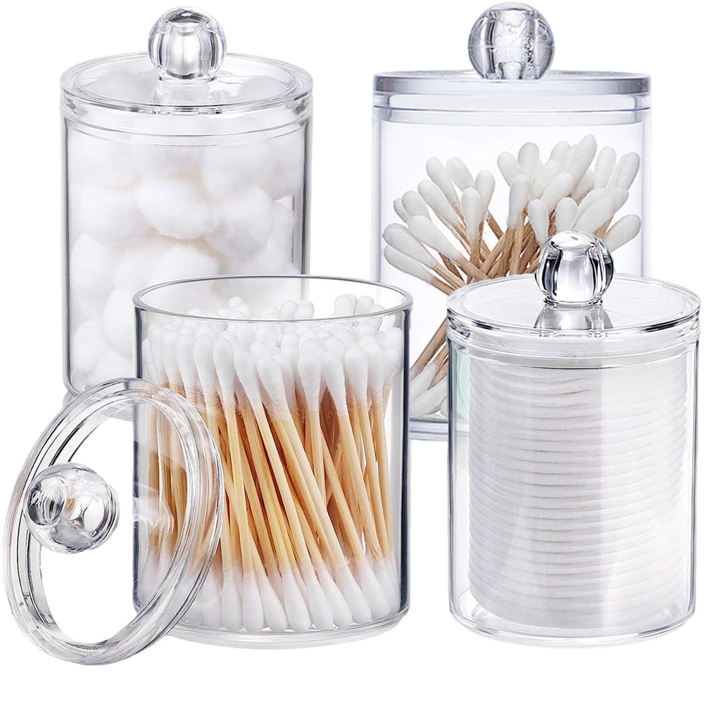 4PCS Acrylic Storage Box Makeup Cotton Swab Container Round Plastic Jar ...