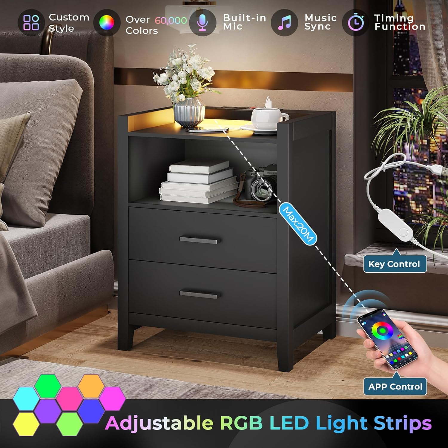 Modern Black Nightstand with 2 Drawers LED Lights USB Outlets Minimalist Bedside Table for Bedroom Living Room Walmart