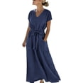 Asgosdo Summer Dresses V Neck Short Sleeve Belted Solid Color Flowy ...