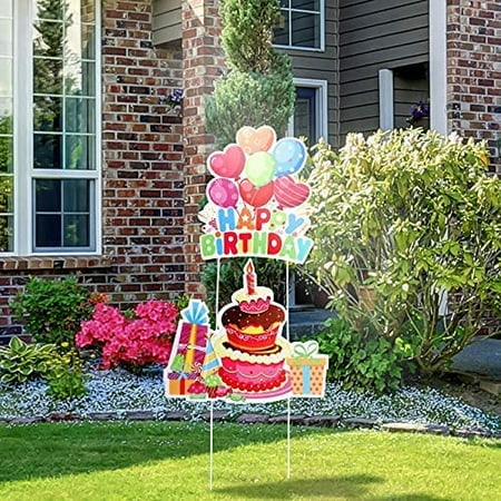 2 Pieces Happy Birthday Yard Signs with Stakes Birthday Cake Yard Sign ...