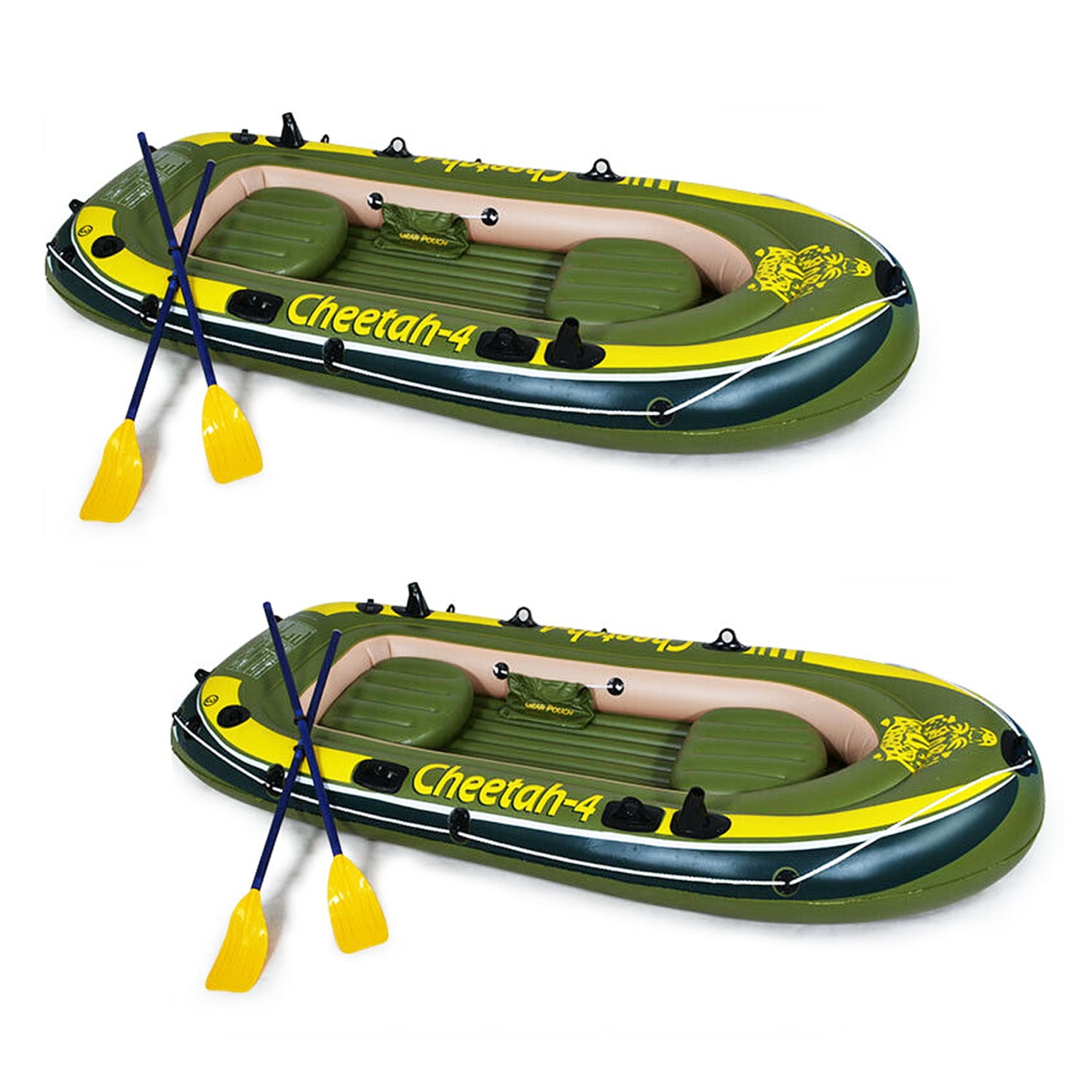 CHEETAH 4 Person Inflatable Boat Raft Set with Oars & Air Pump (2 Pack ...