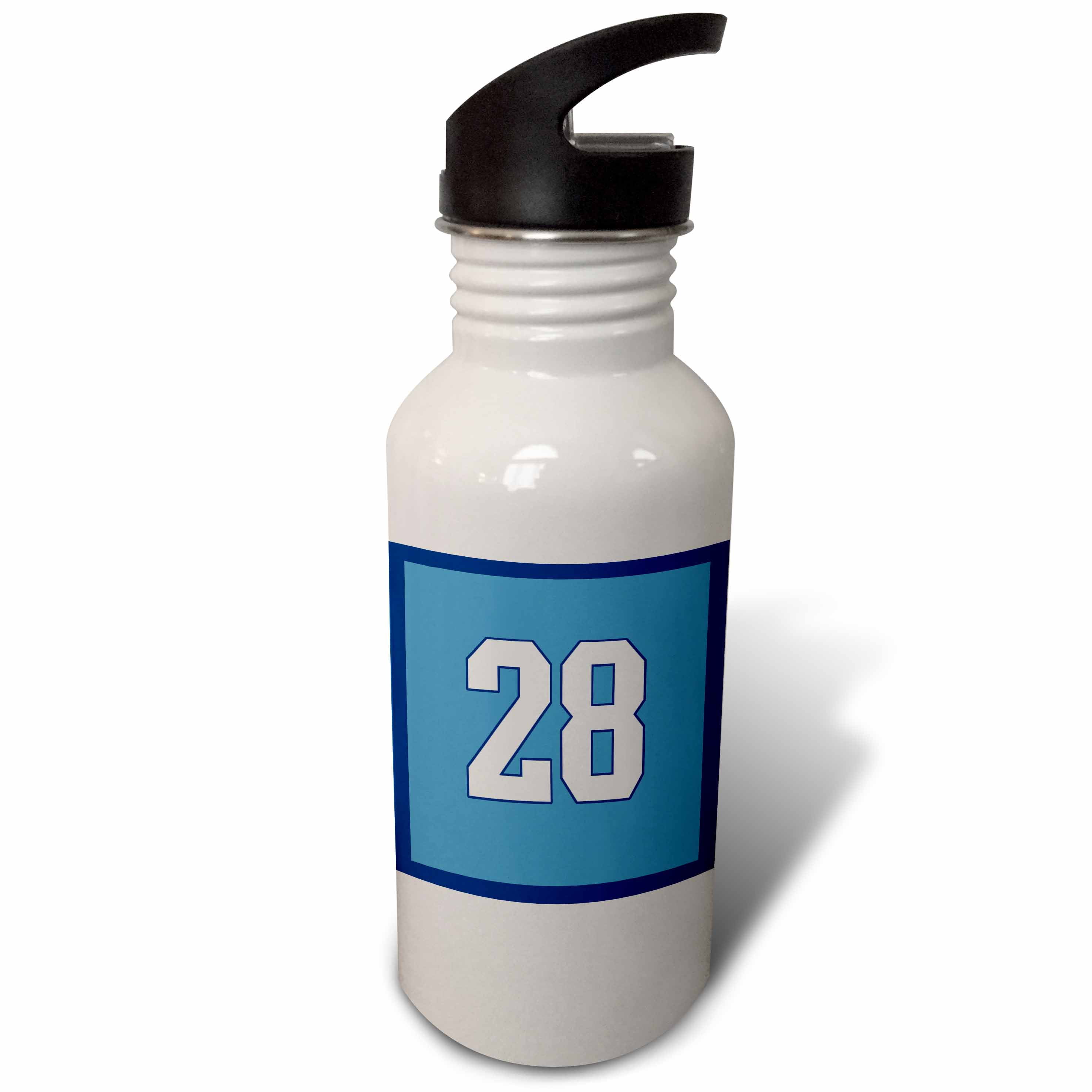 Number 28 in white trimmed in navy blue on a light blue background ...
