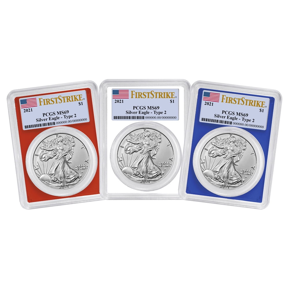 3pc Set - 2021 $1 1-oz T2 American Silver Eagle PCGS MS69 FS Flag Label ...