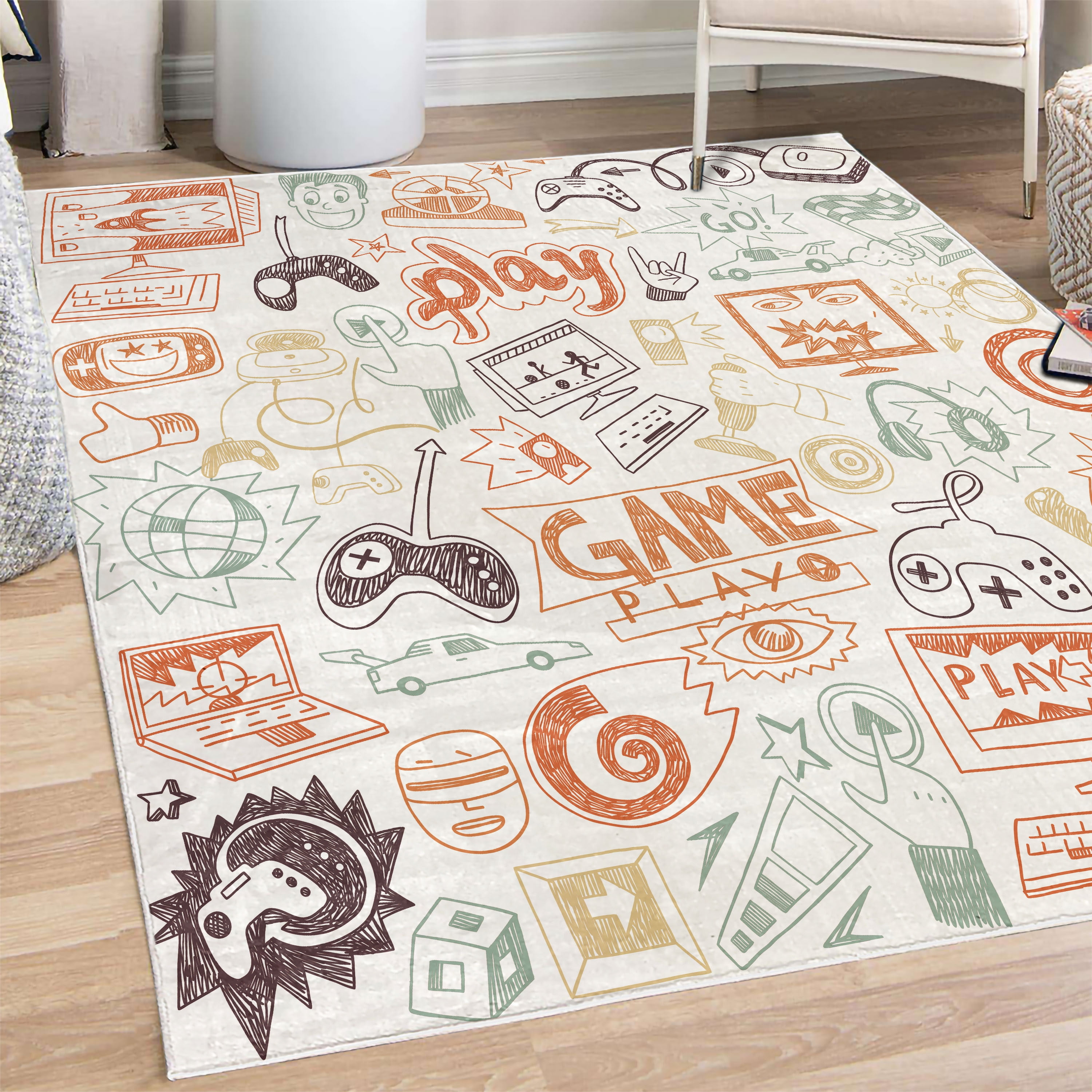 Video Games Decorative Rug, Monochrome Sketch Gaming Design Racing ...