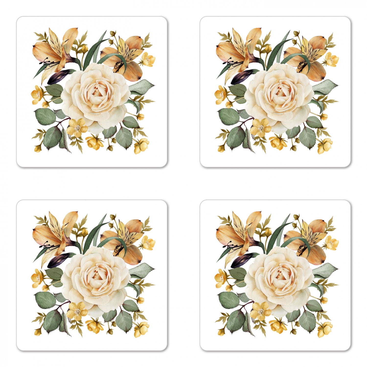 Rose Coaster Set of 4, Romantic Floral Arrangement Bridal Bouquet ...
