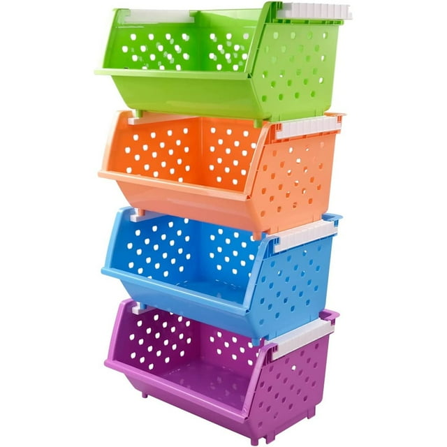 4-Pack Large Stackable Storage Bins, Colored Plastic Stacking Basket ...
