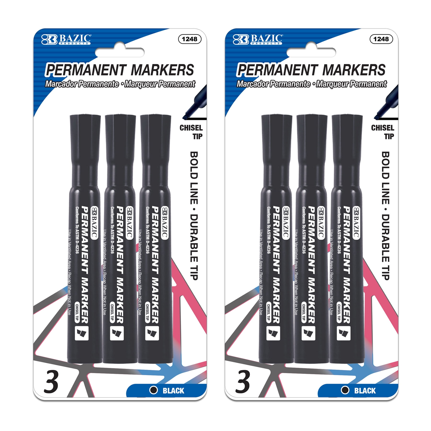 BAZIC Permanent Marker Chisel Tip, Black Color Markers, (3/Pack), 2 ...