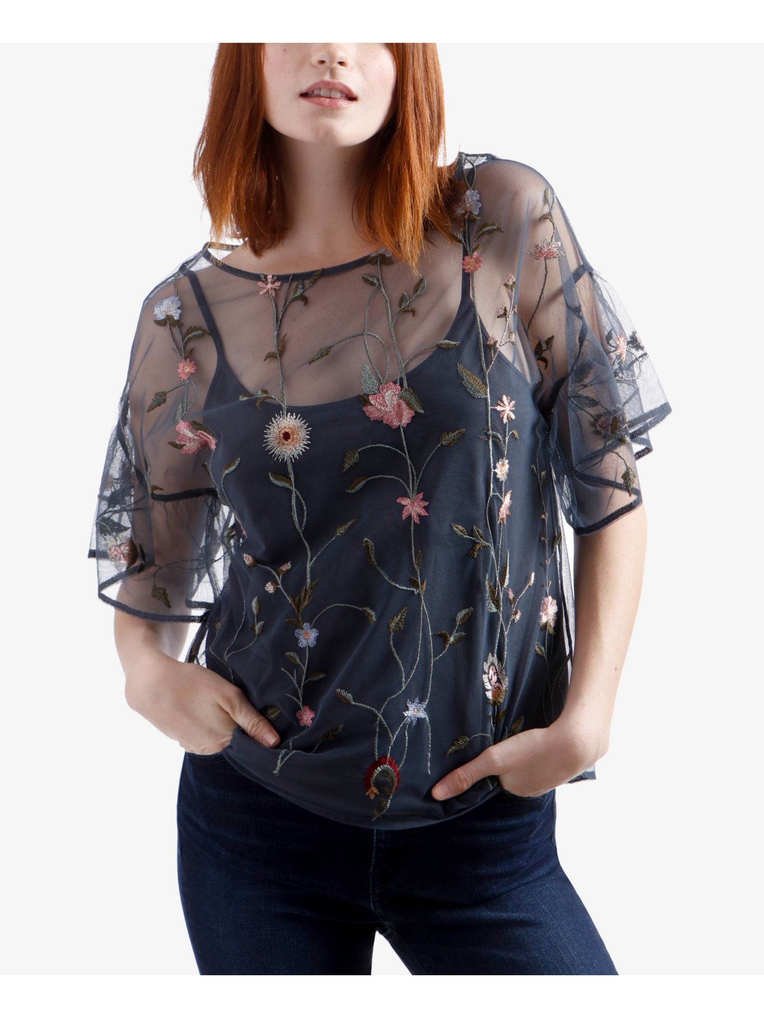 LUCKY BRAND Womens Navy Embroidered Mesh Short Sleeve Top M - Walmart.com