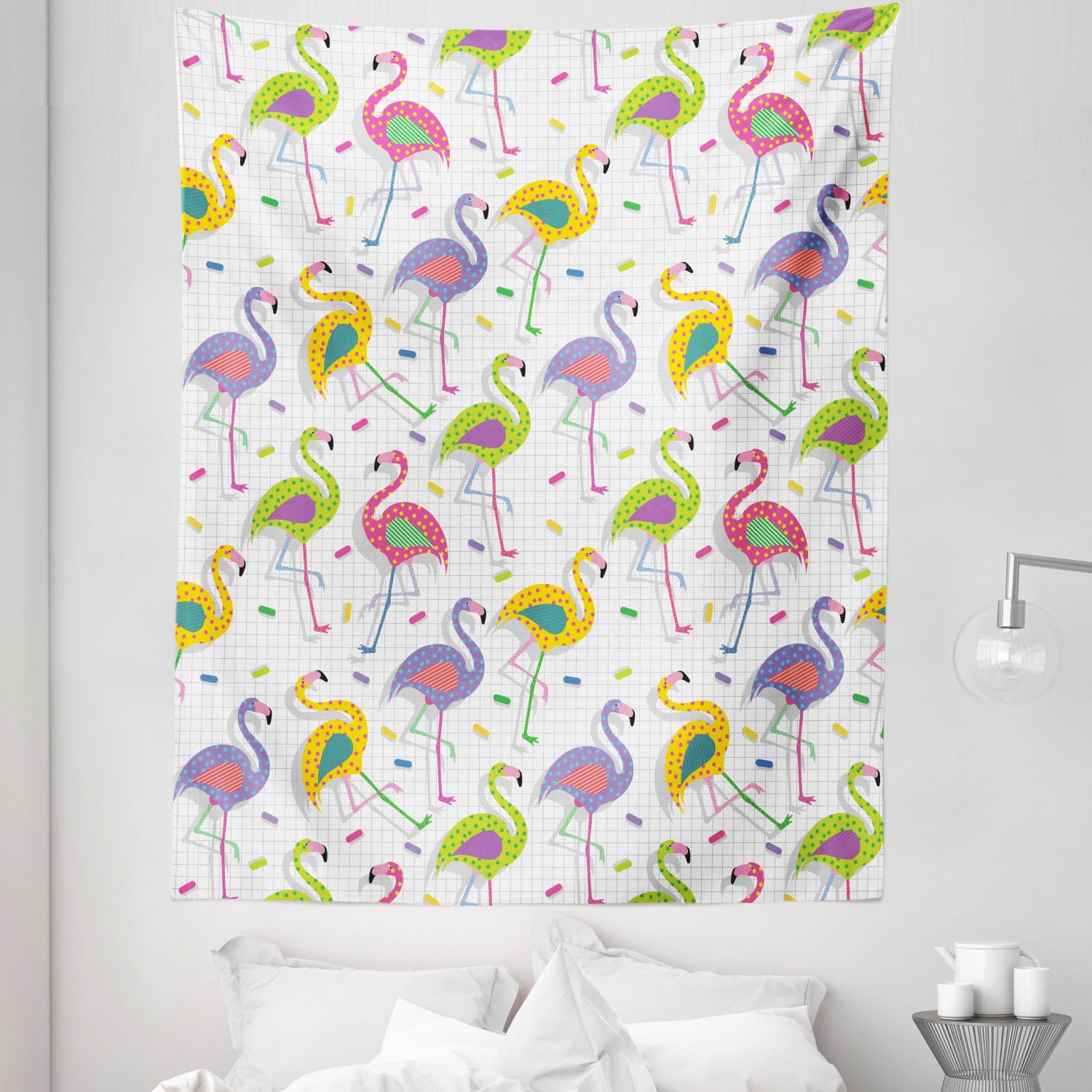 Flamingo Tapestry, Colorful Retro Vintage Flamingo Patterns in Polka ...