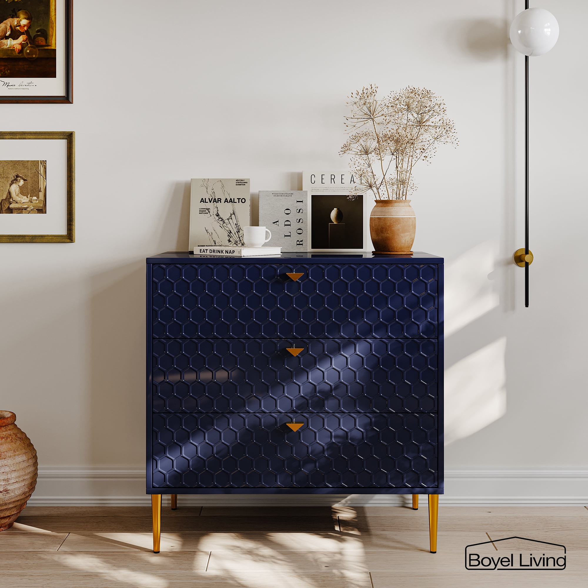 Boyel Living 3 Drawer Dresser for Bedroom, Chest of Drawer, Blue Accent ...