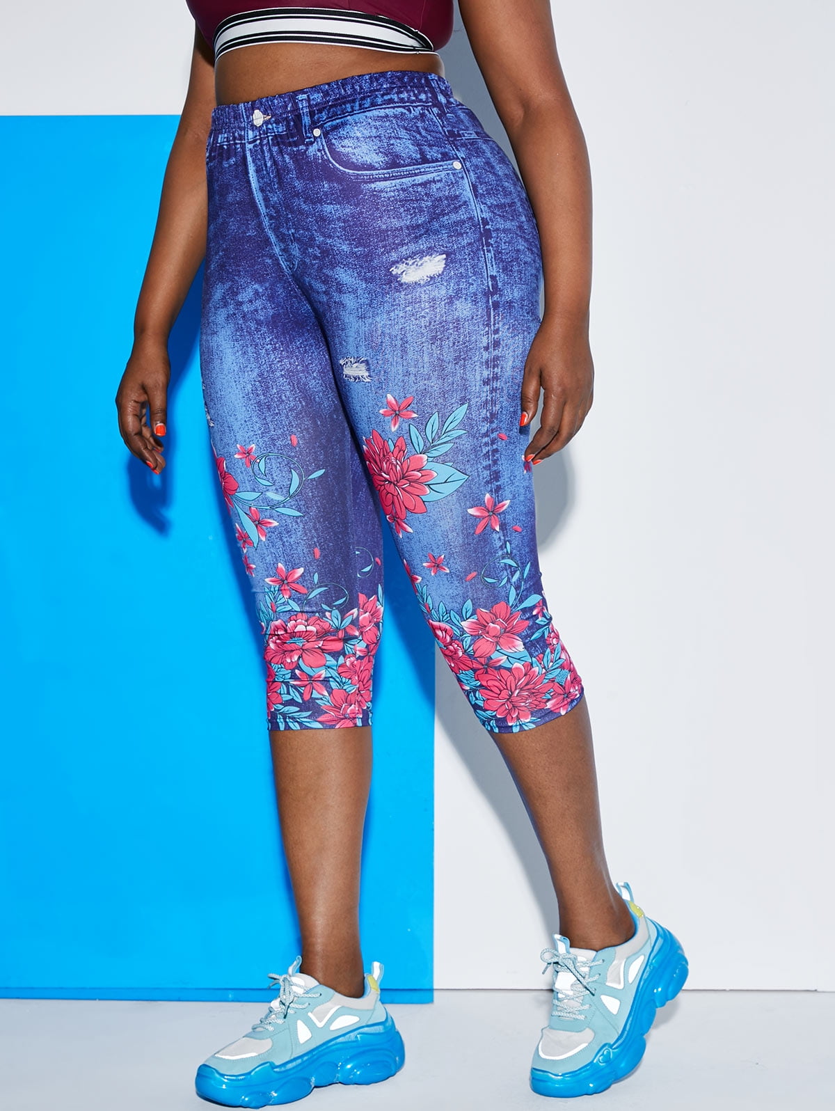 Rosegal Women's Plus Size Floral 3D Jean Pattern Capri Jeggings ...