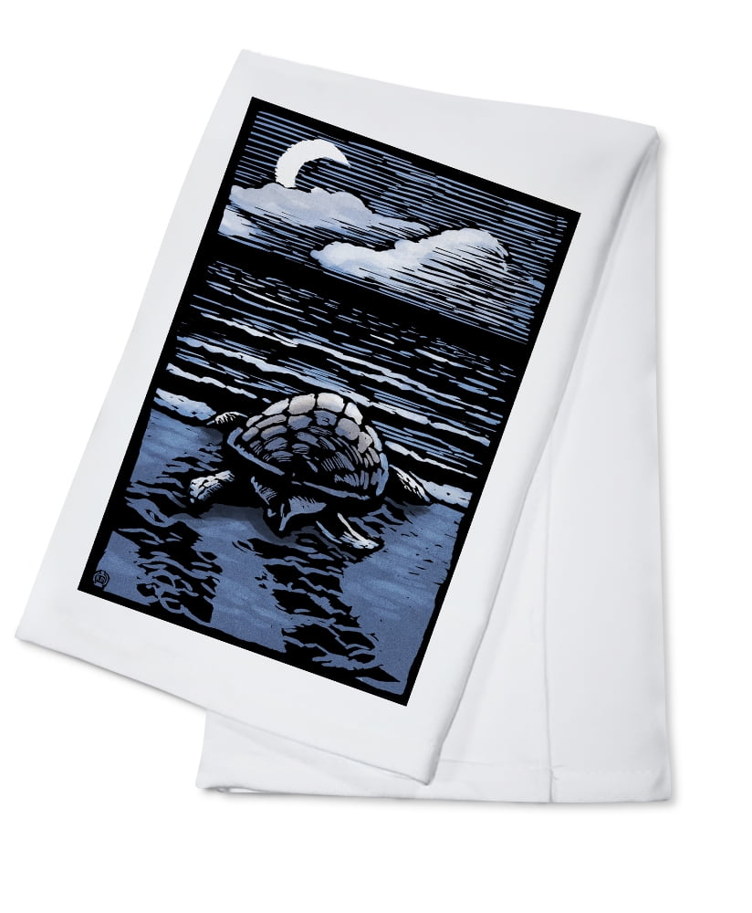 Sea Turtle on Beach, Scratchboard (100% Cotton Tea Towel, Decorative ...