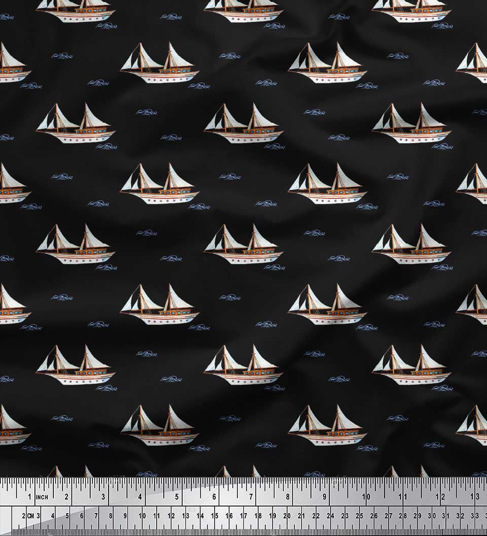 Soimoi Black Japan Crepe Satin Fabric Waves & Ship Nautical Print ...