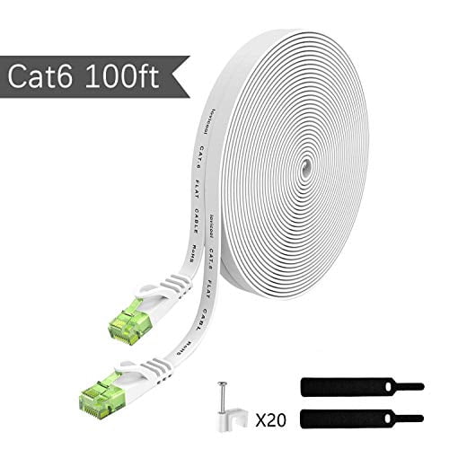 lovicool Cat 6 Ethernet Cable 100ft White Flat Internet LAN Patch Networking Cable 250MHz Speed ...