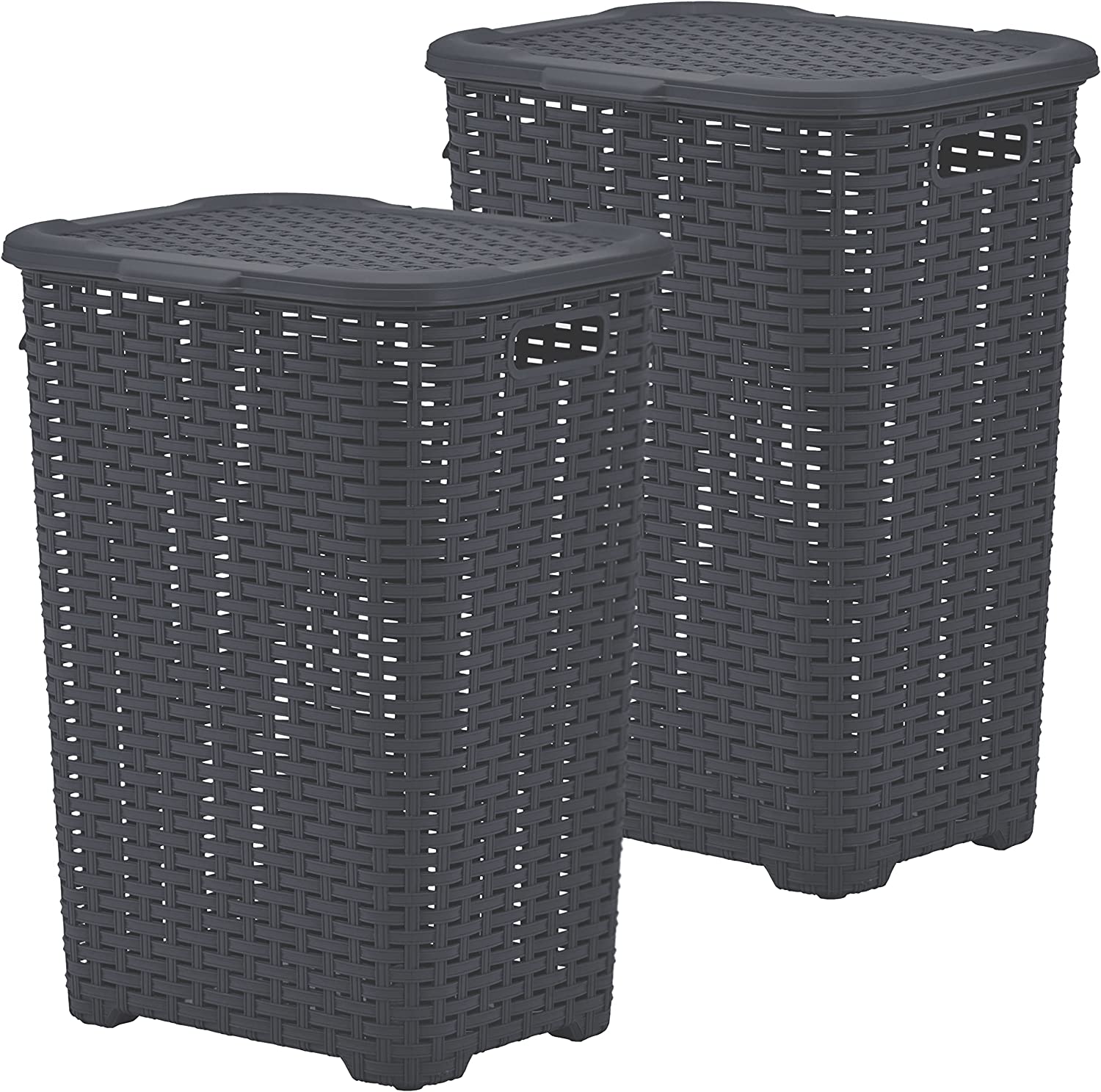 Superio 60L Large Wicker Plastic Laundry Hamper with Lid Grey 2 Pack ...