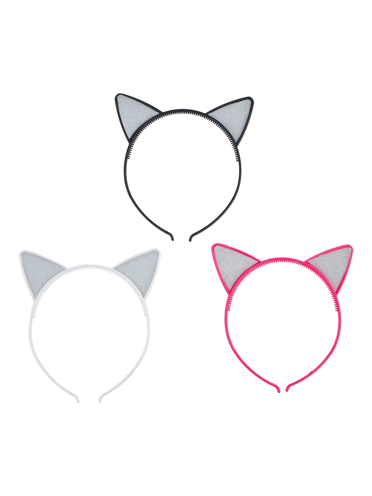 Lux Accessories Black White Pink Cat Ears Silver Glitters Set Of 3