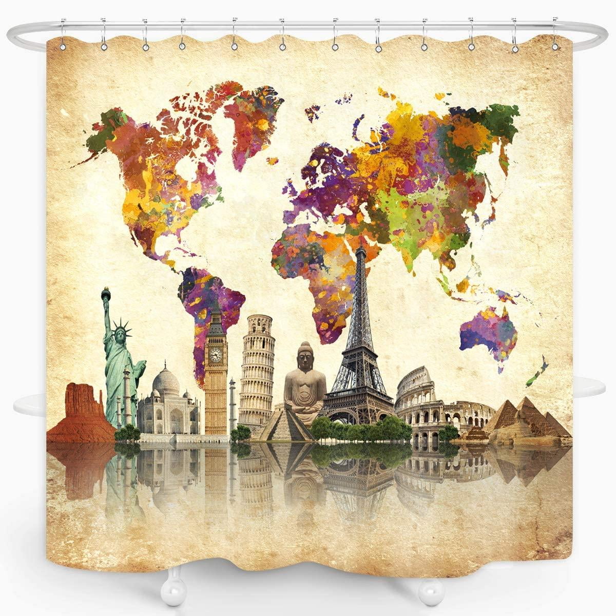 Vintage World Map Shower Curtain Famous Culture Landmark Statue of ...