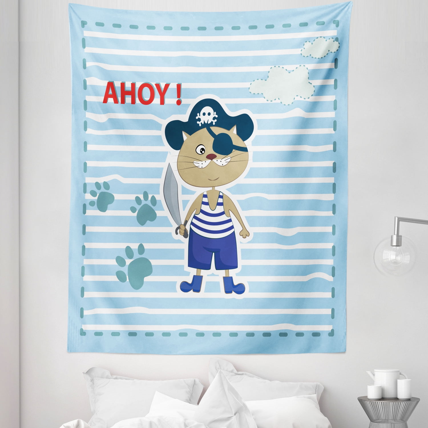 Ahoy Its a Boy Tapestry, Cat Pirate Funny Paws Clouds Maritime Striped ...