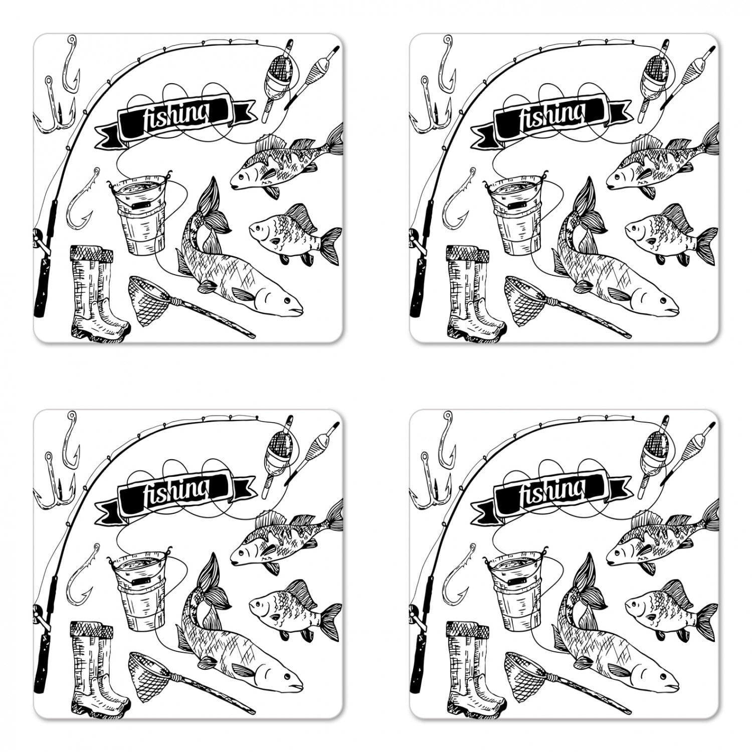 Fishing Coaster Set of 4, Hand Drawn Tools Set Rod Salmon and Perch ...
