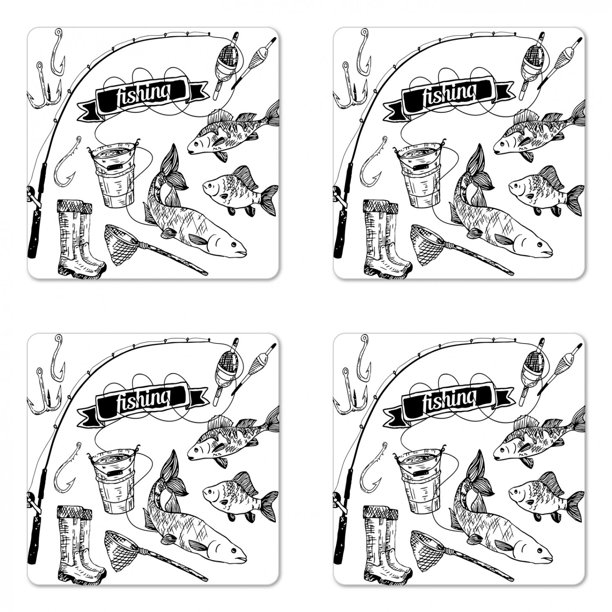 Fishing Coaster Set of 4, Hand Drawn Tools Set Rod Salmon and Perch ...