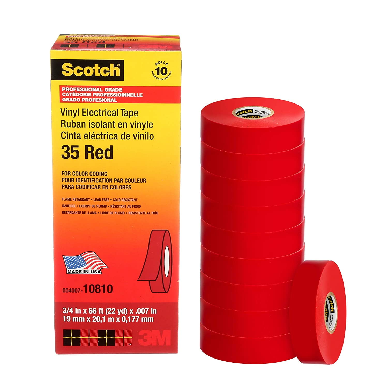 Scotch 35-3/4X66RD-10PACK Professional Grade Vinyl Electrical Color ...