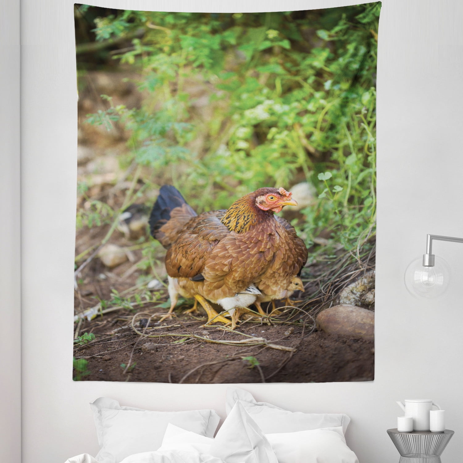 Hen and Chicks Tapestry, Domestic Animal Mother Chicken on Her with ...