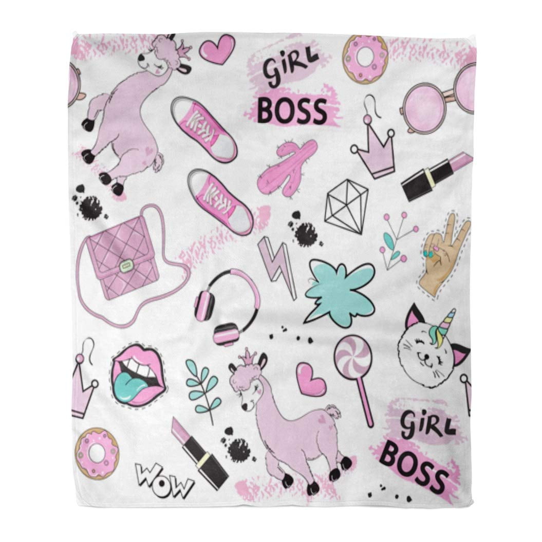 Sidonku Flannel Throw Blanket Colorful Alpaca Patch Badges Girl Pink