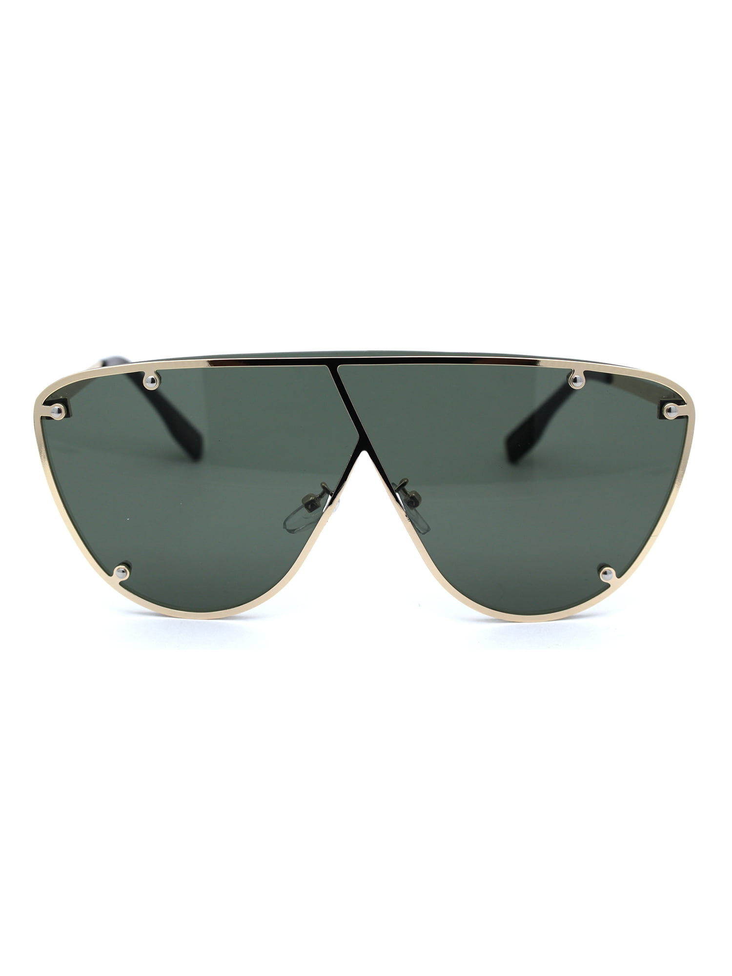 Womens Metal Rim Flat Top Mobster Shield Diva Sunglasses Gold Solid Green