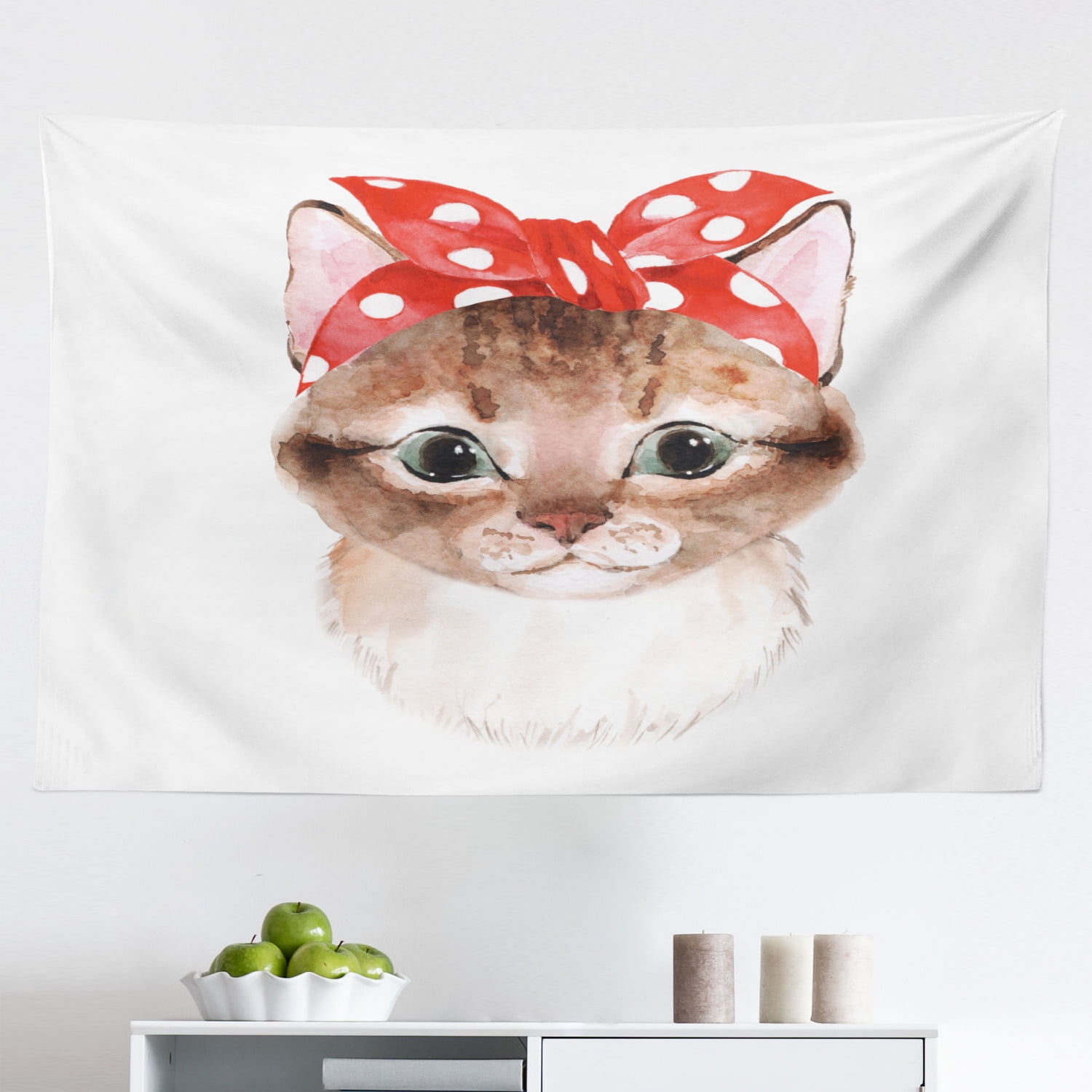 Cat Tapestry, Cartoon Kitten with Meow Text on Shirt and a Crown ...