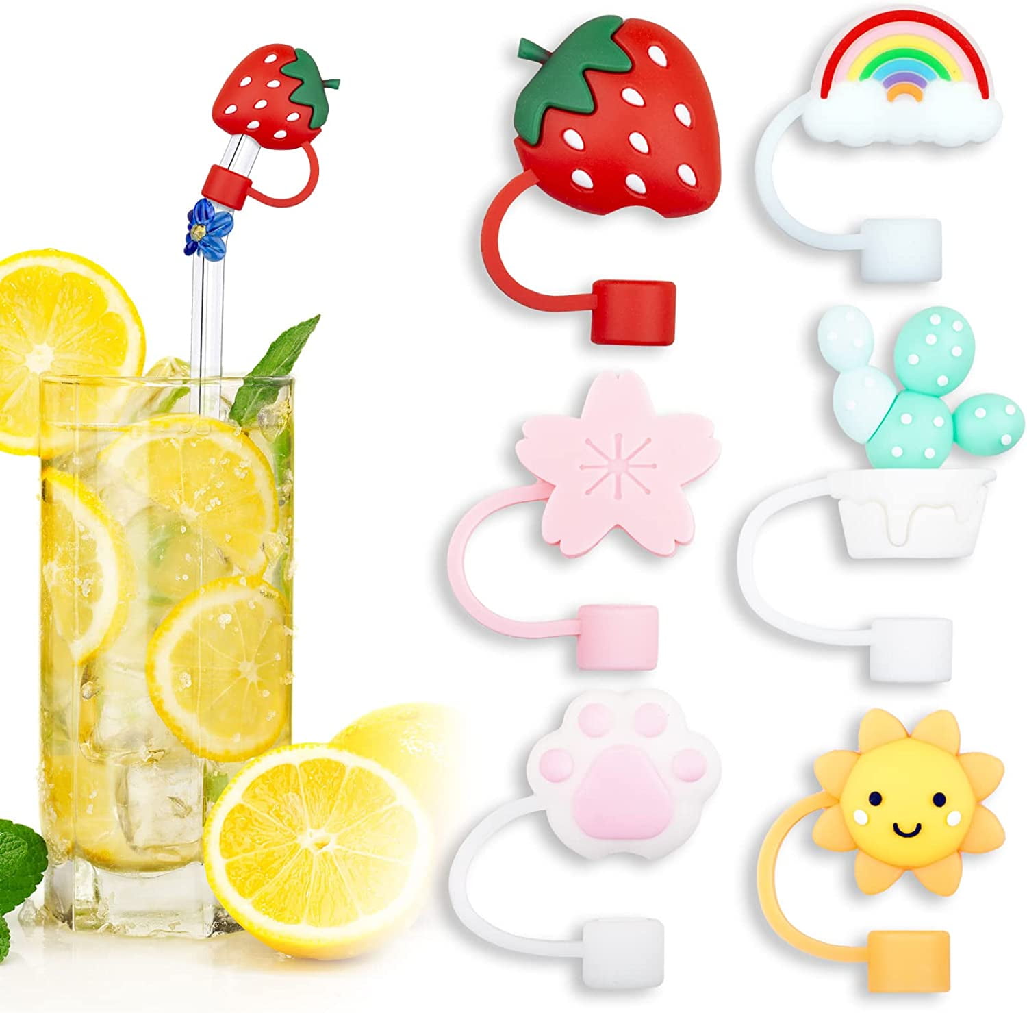 6 Pack Silicone Straw Covers Cap, Cute Silicone Straw Covers in various ...