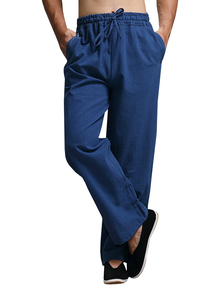 Mens Linen Pants Beach Casual Loose Fit Work Elastic Waist Drawstring