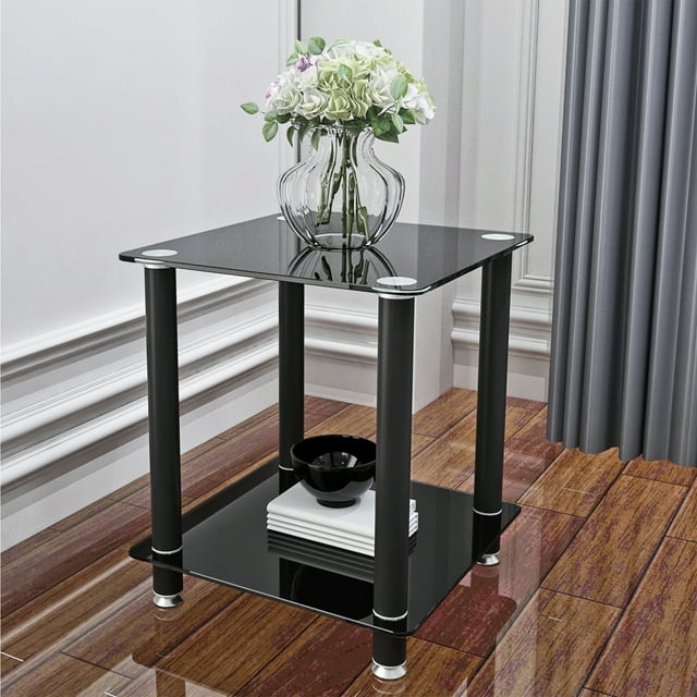 Topcobe 2-Tier Square Glass Side Table, Modern Rolling End Table with ...