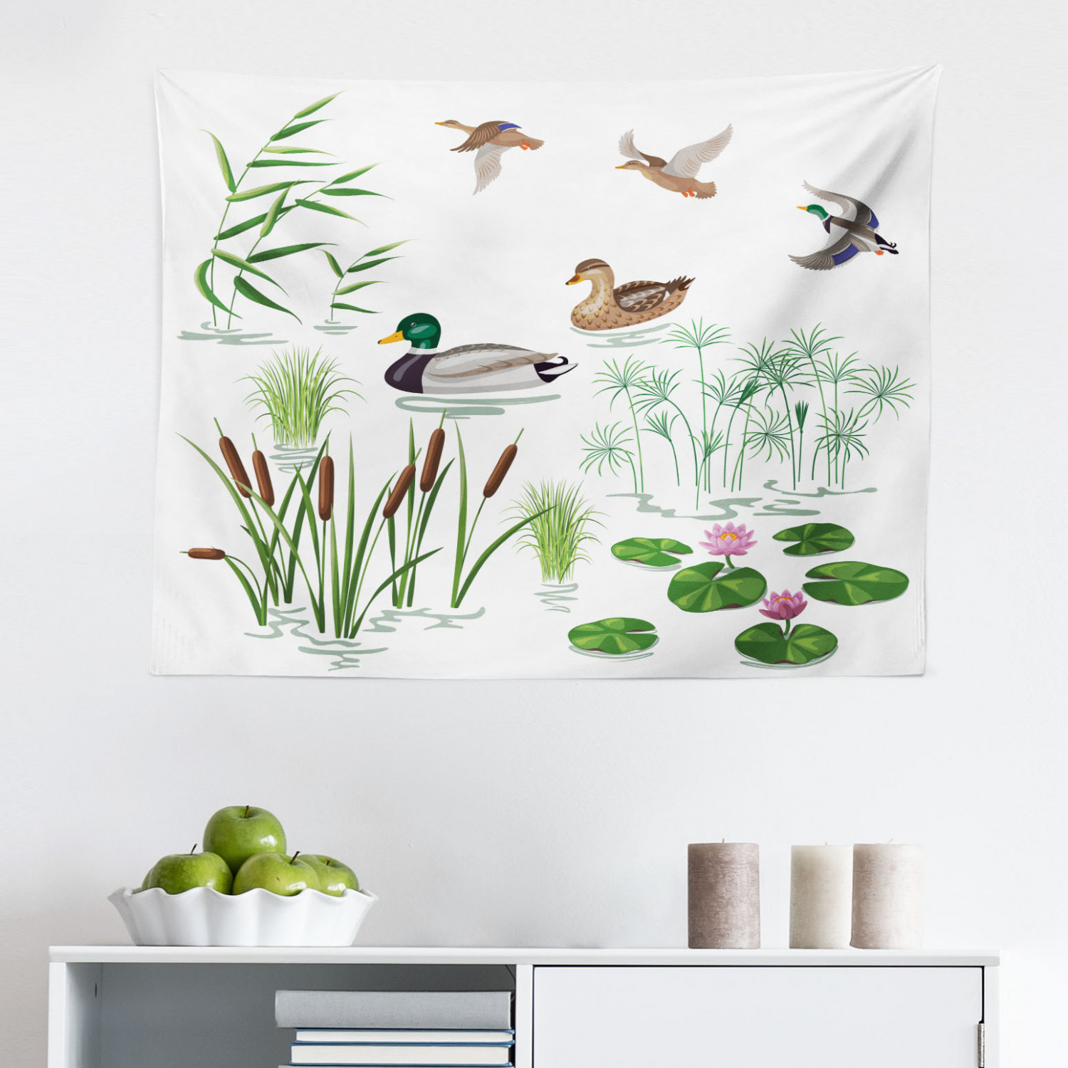 Rubber Duck Tapestry, Goose in Farm Lake Plants Grass Reeds Flowers ...