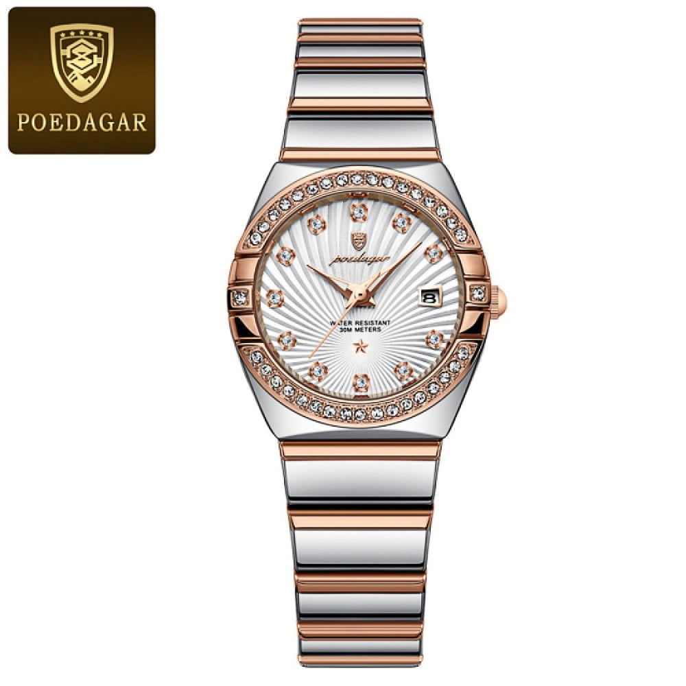 Poedagar Women White Shell Pattern Quartz Diamond Stainless Steel Watch Waterproof Date Female Wristwatch One Size