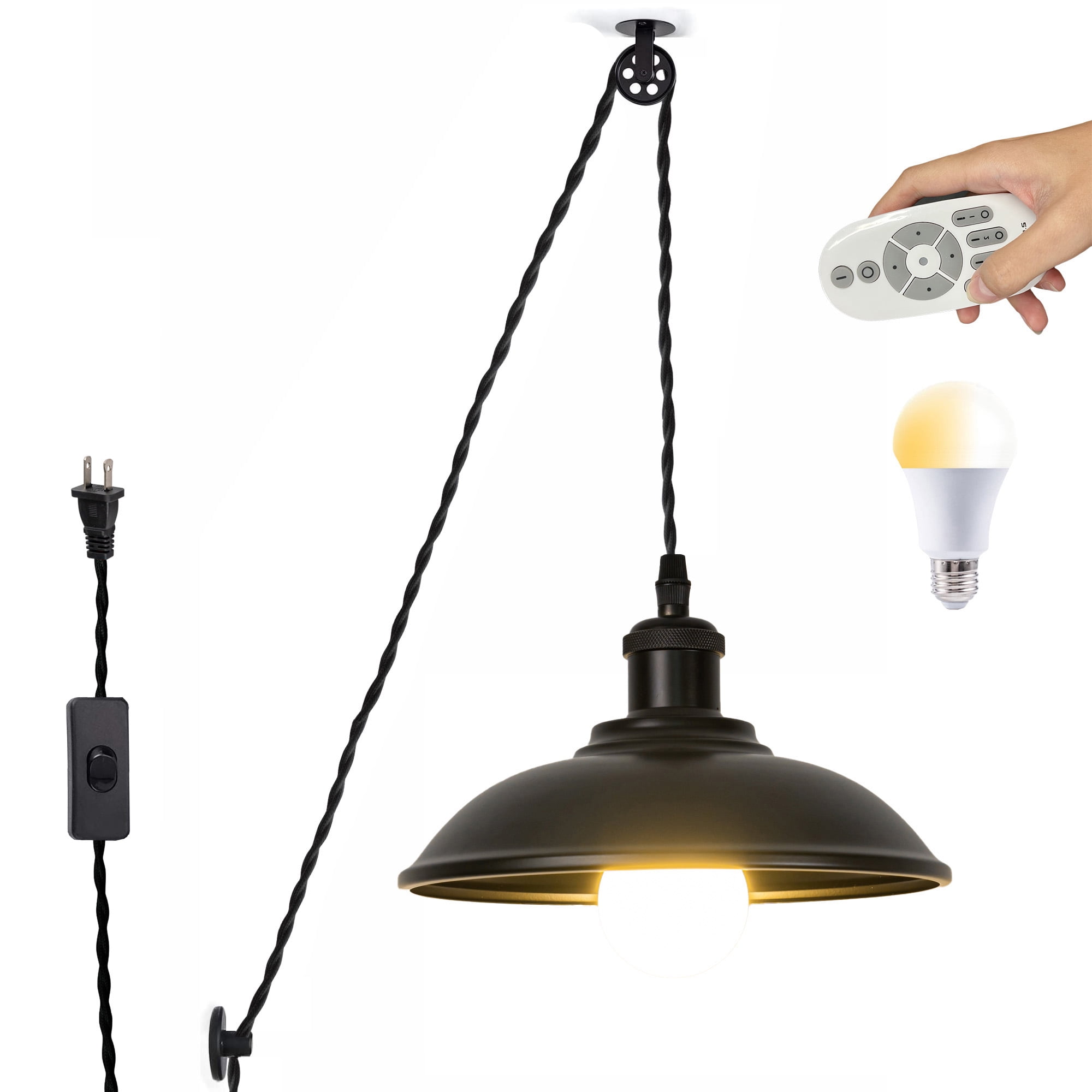 Kiven Plug in Iron Pendant Light, Industrial Pulley Hanging Light with ...