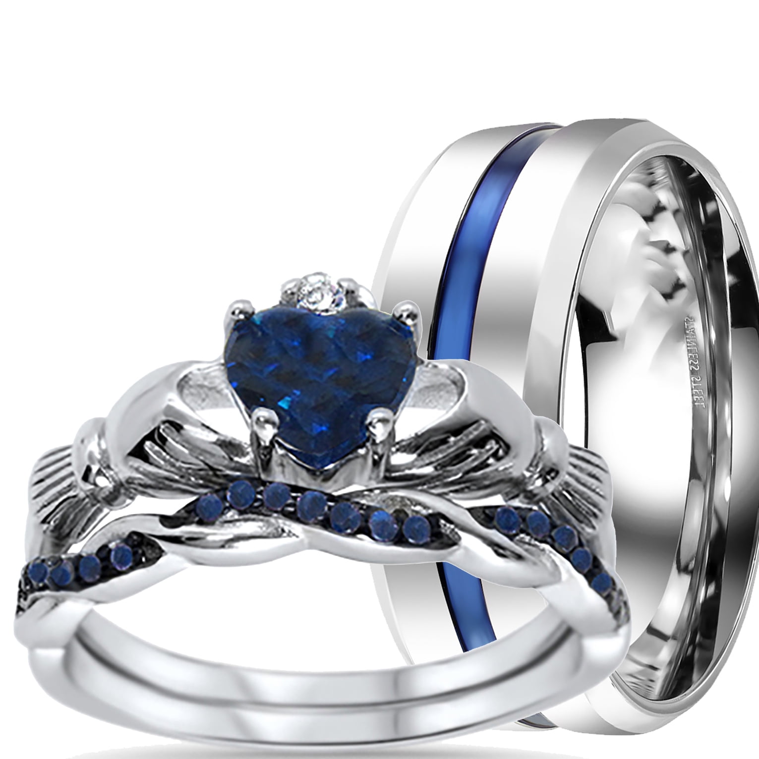 His and Hers 3 Piece Trio Sterling Silver Thin Blue Line Wedding Band ...