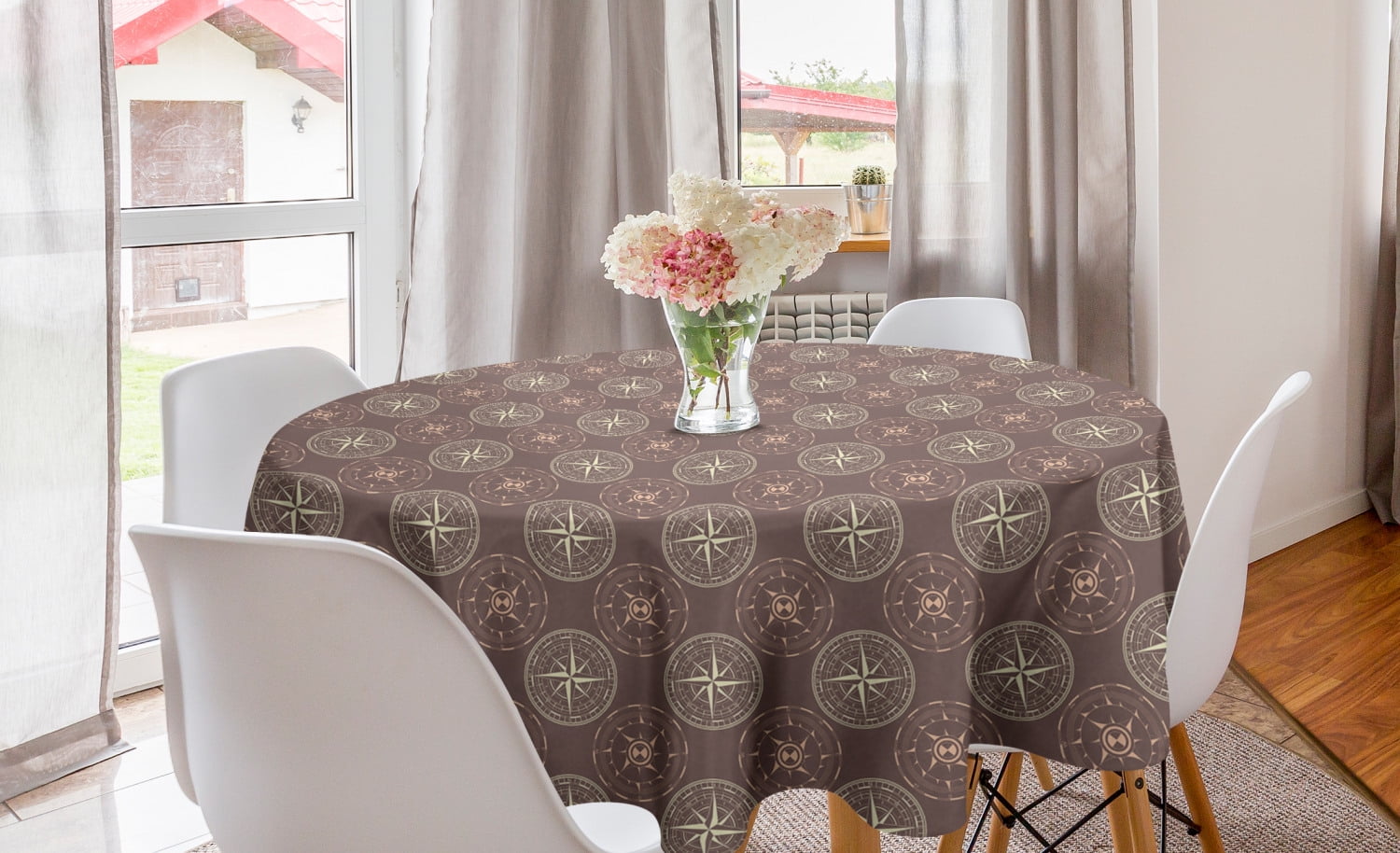 Nautical Round Tablecloth, Windrose Pattern Compass Circles Navigation ...