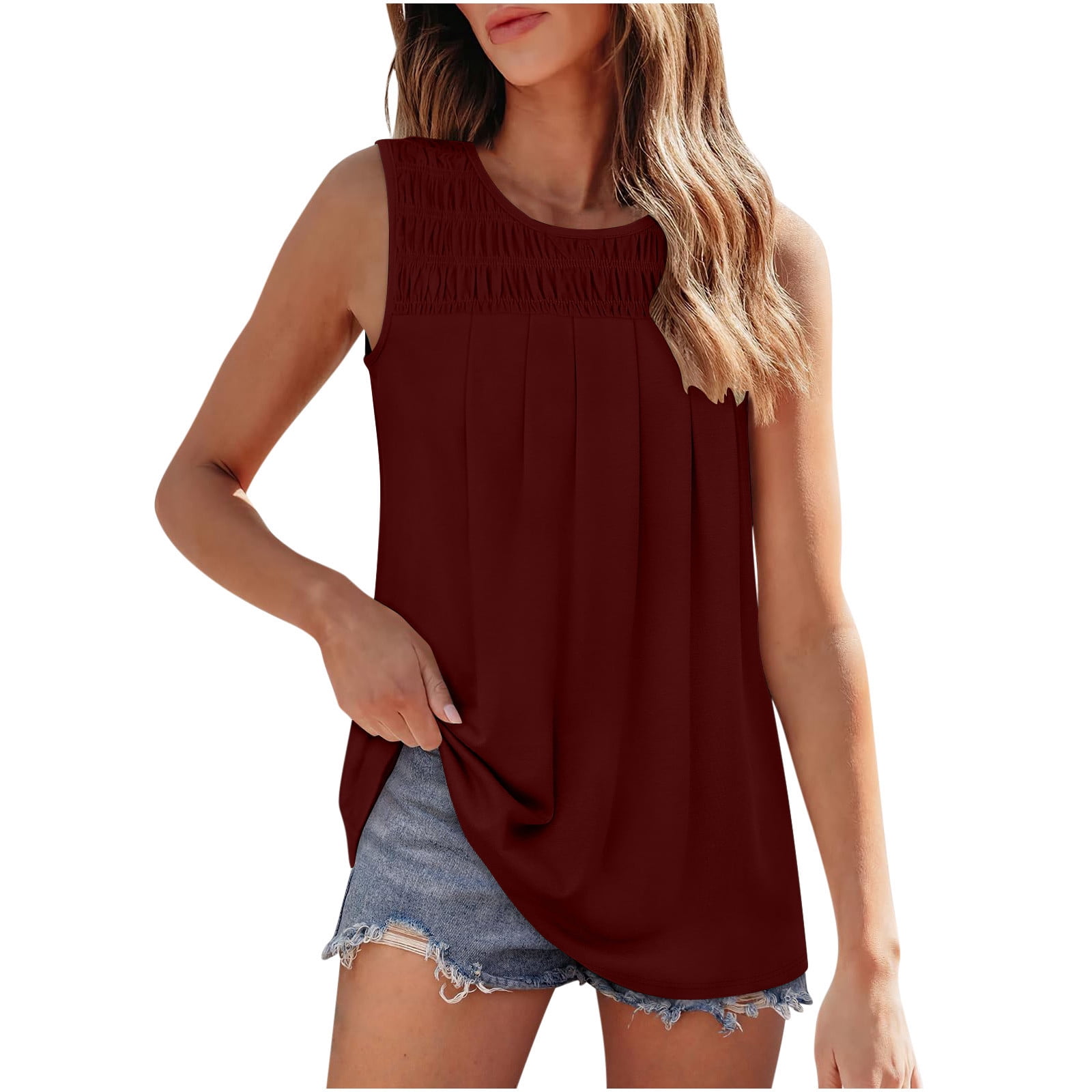 AherBiu Boho Tank Tops for Women Smocked Ruched Loose Sleeveless Tunic ...