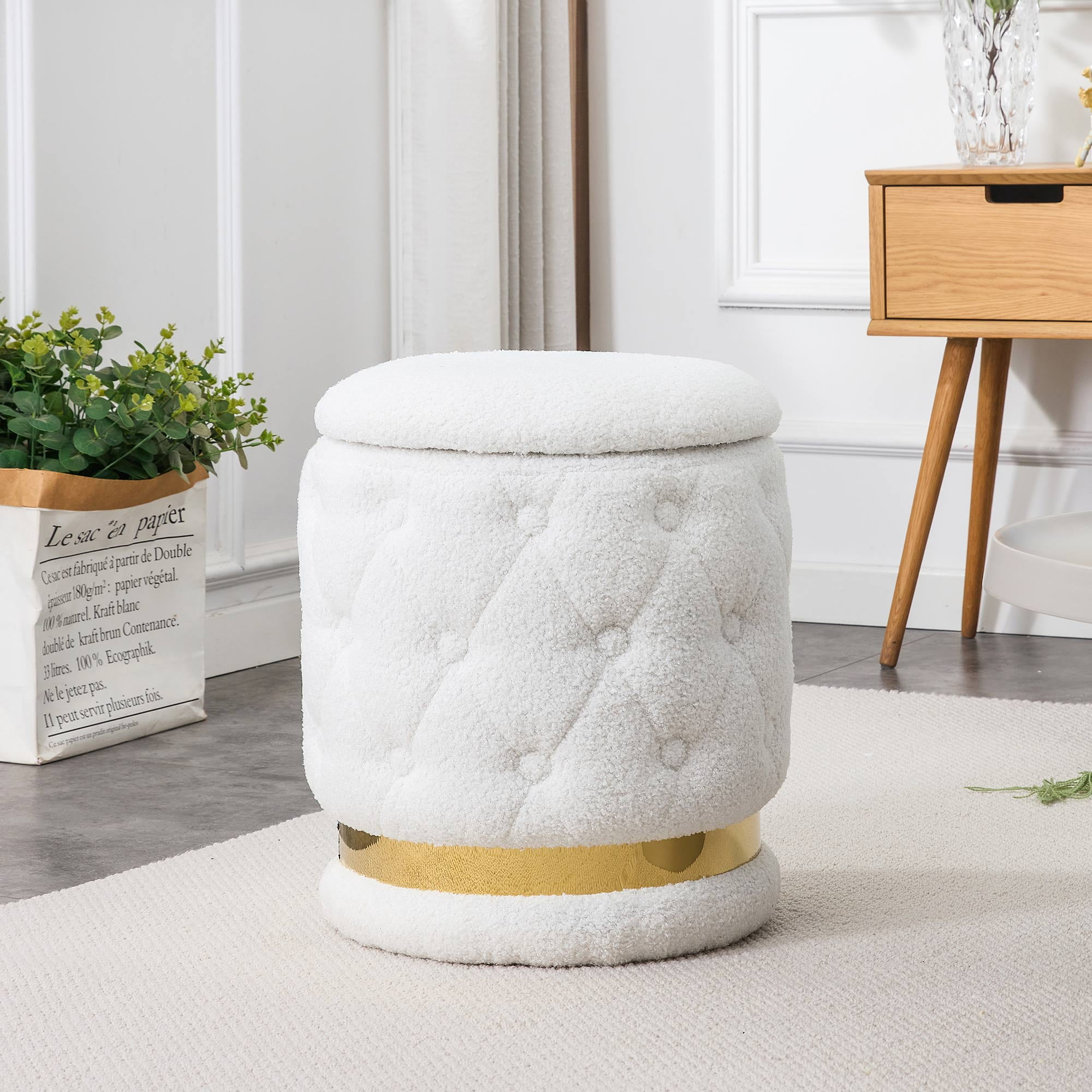 Foot Stool, Round-Shape Teddy Velvet Makeup Stool Footstool, Chair with ...