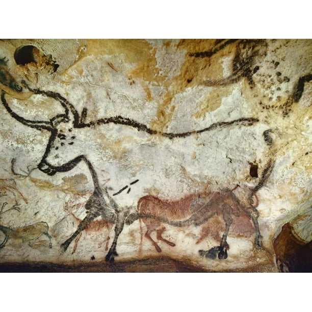 Cave of Lascaux, Great Hall, Left Wall Second Bull, Below Kneeling Red ...