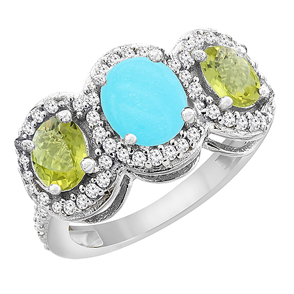 10K White Gold Natural Turquoise & Lemon Quartz 3-Stone Ring Oval ...