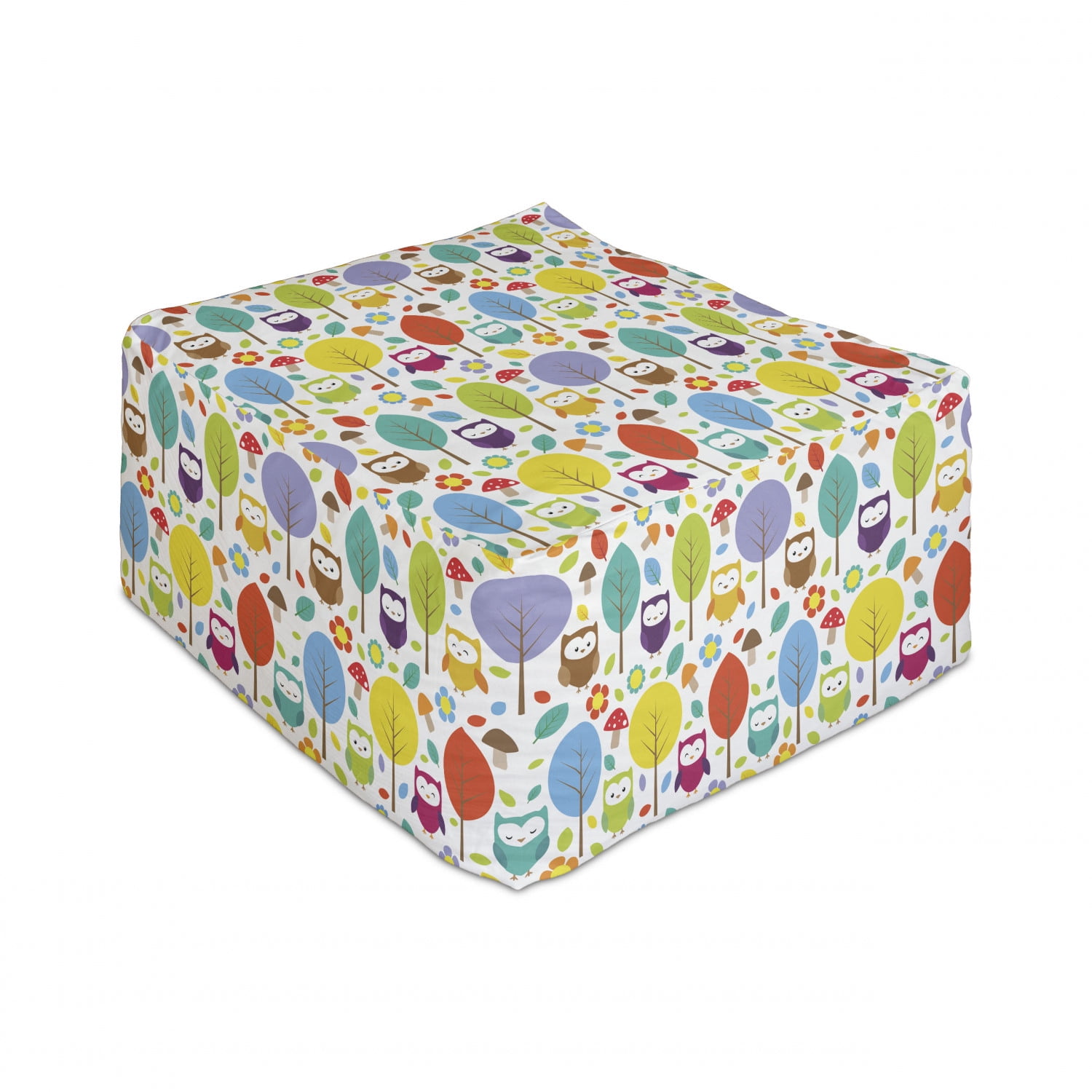 Cartoon Rectangle Pouf, Colorful Forest with Owls Trees Leafs Mushrooms ...