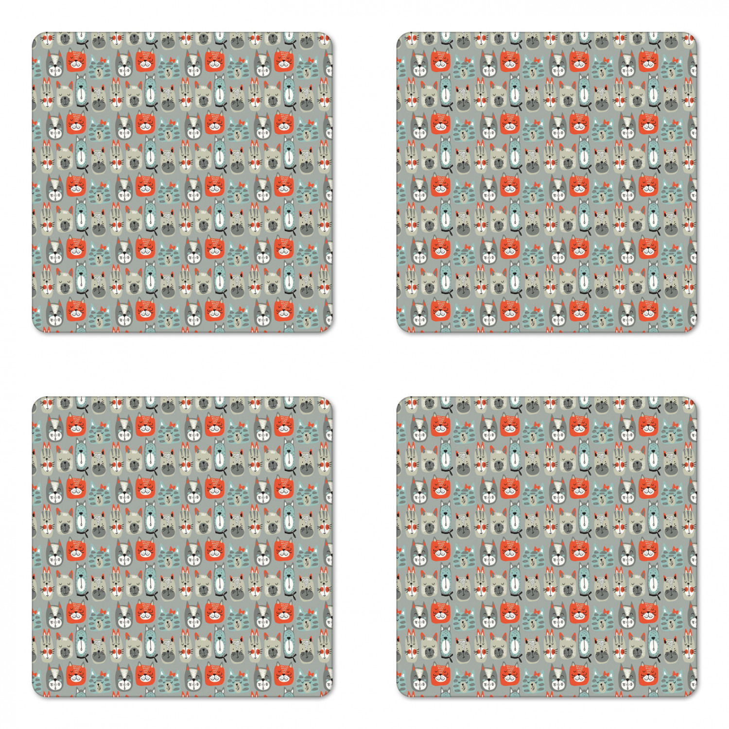 Cartoon Coaster Set of 4, Animals Theme Hand Drawn Various Type Cat ...