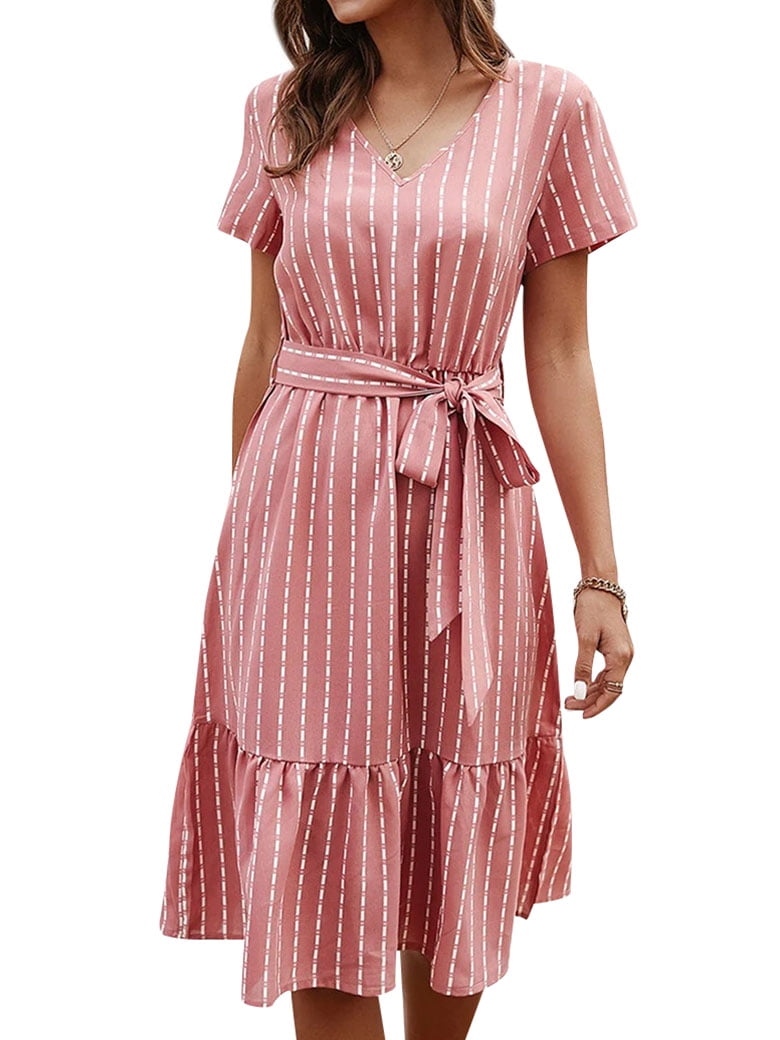 Hubery Women Stripe Print V Neck Short Sleeve Tie Waist Ruching Midi
