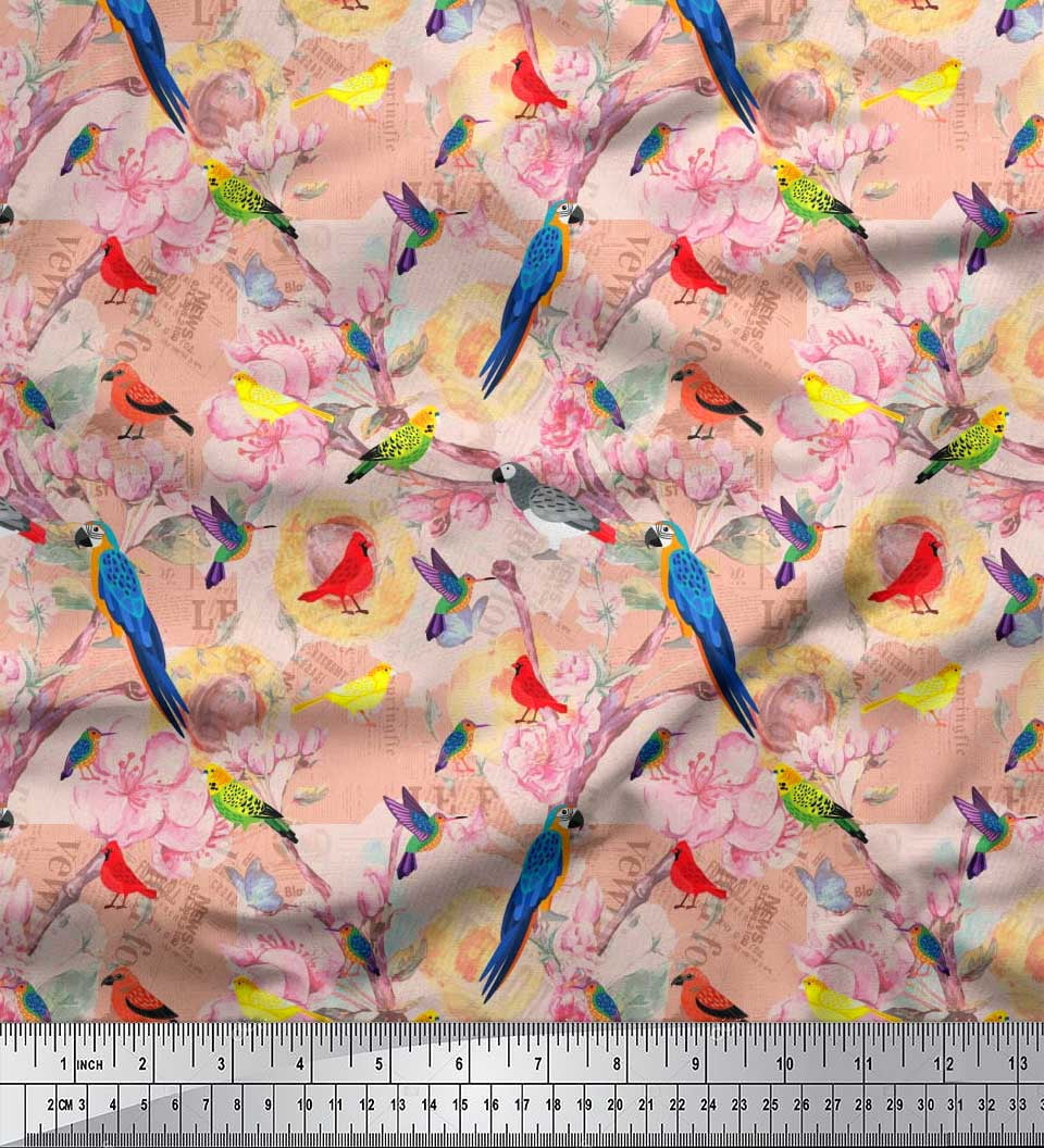 Soimoi Orange Crepe Silk Fabric Floral,Parrot & Hummingbird Bird Print ...