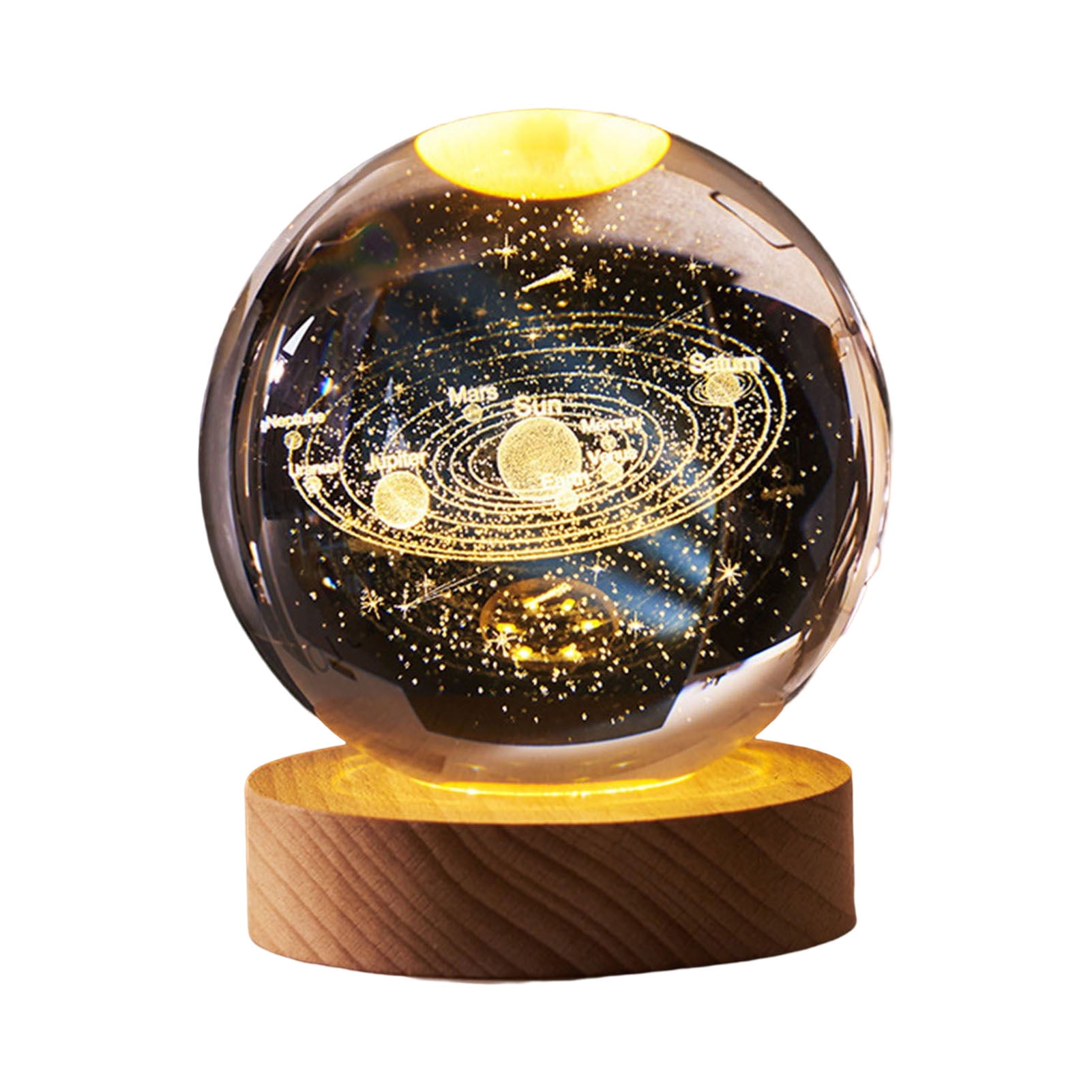 3D Luminous Crystal Ball Night Light with Wood Base Engraved Universe ...