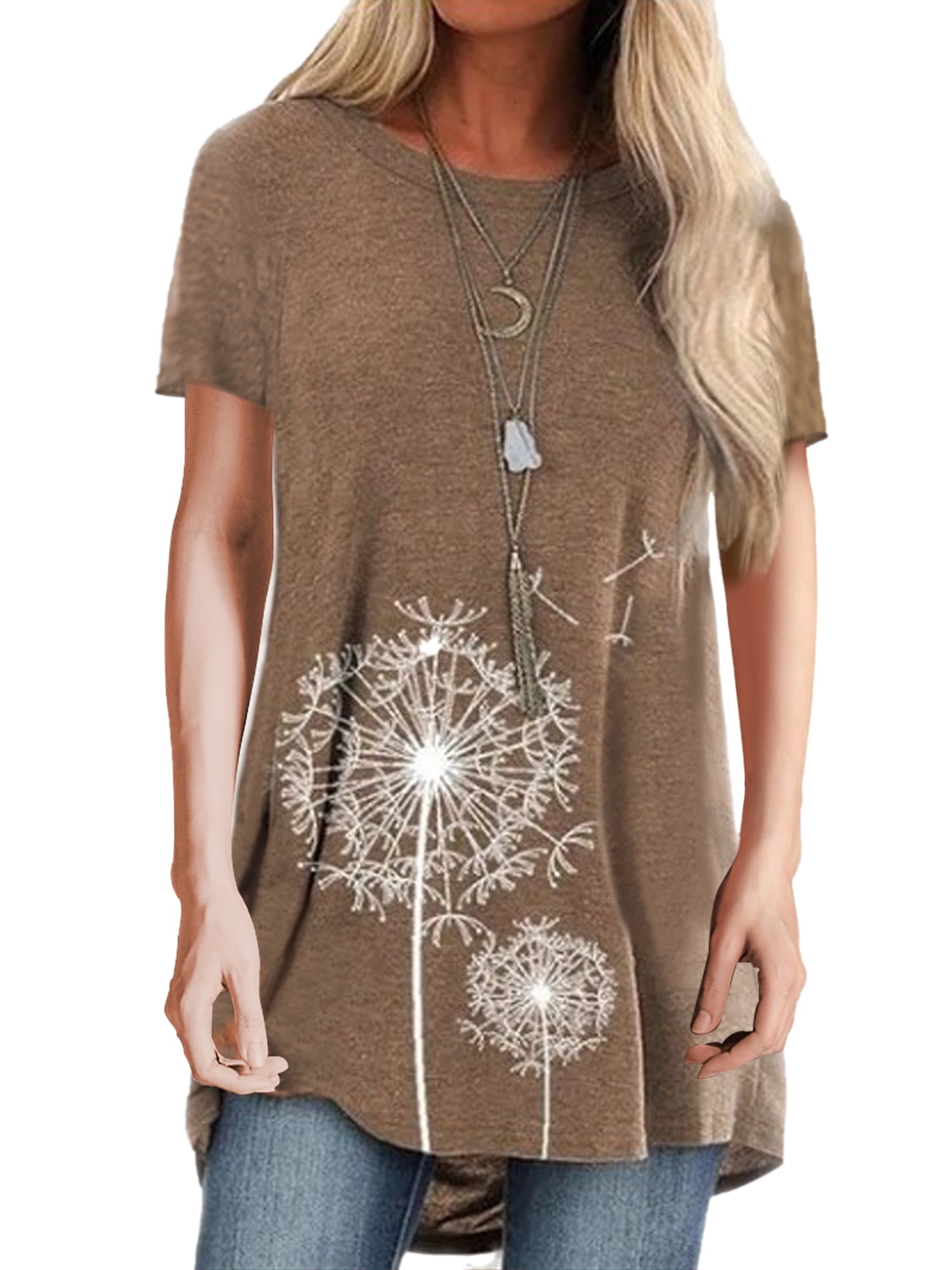Casual Dandelion Print Longline Shirt for Women Plus Size Long Sleeve ...