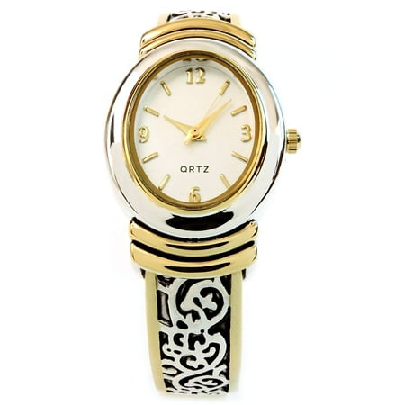 STC - 2Tone Western Style Decorated Oval Face Women's Bangle Cuff Watch ...