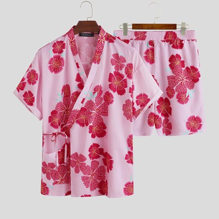 INCERUN Mens Japanese Floral Kimono Pyjamas Set 3/4 Sleeve T Shirt + Shorts Sleepwear | Walmart ...