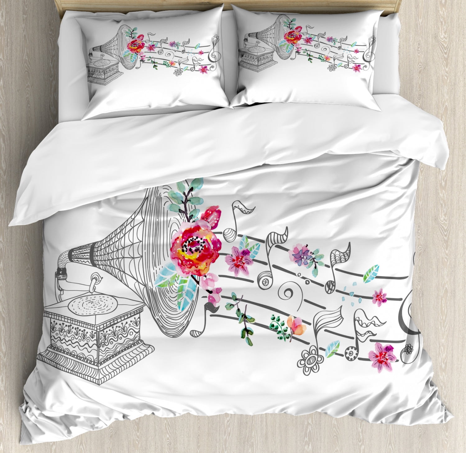 Music Duvet Cover Set, Vintage Style Gramophone Record Player with ...